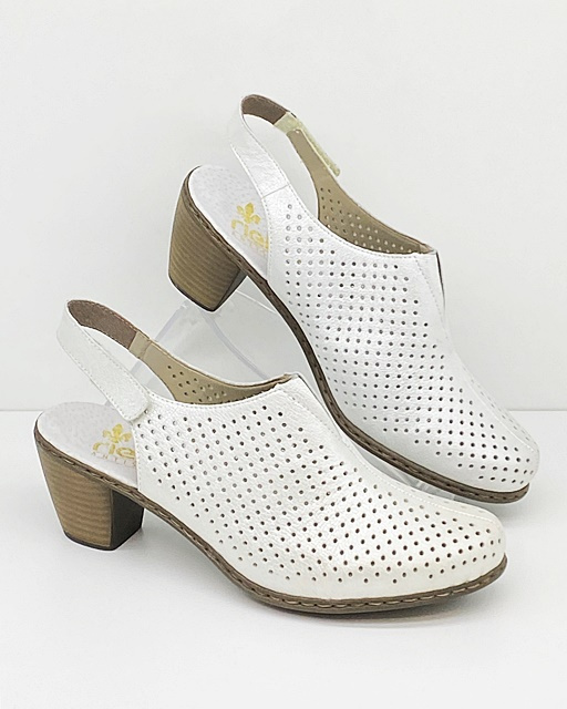 Wygodne czółenka letnie na obcasie Rieker 40976-80 białe, tęgośc G 1/2 ...